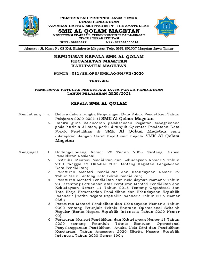 SK Pengelola Data Pokok Pendidikan | PDF