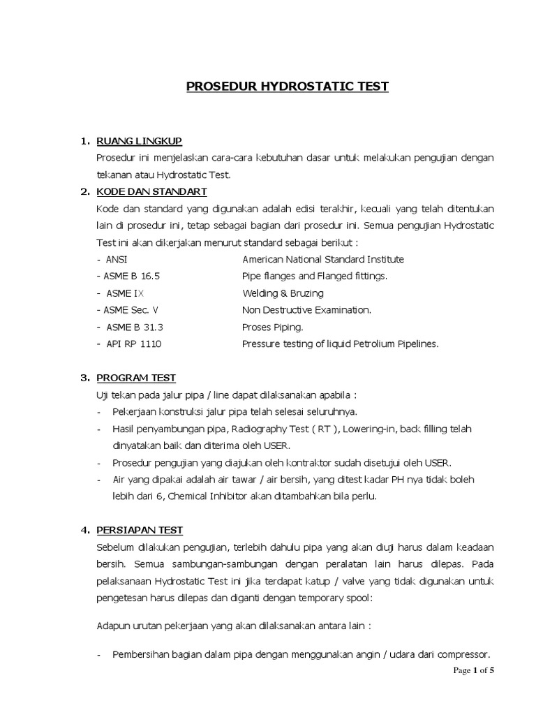 Prosedur Uji Tekan Hydrostatic | PDF