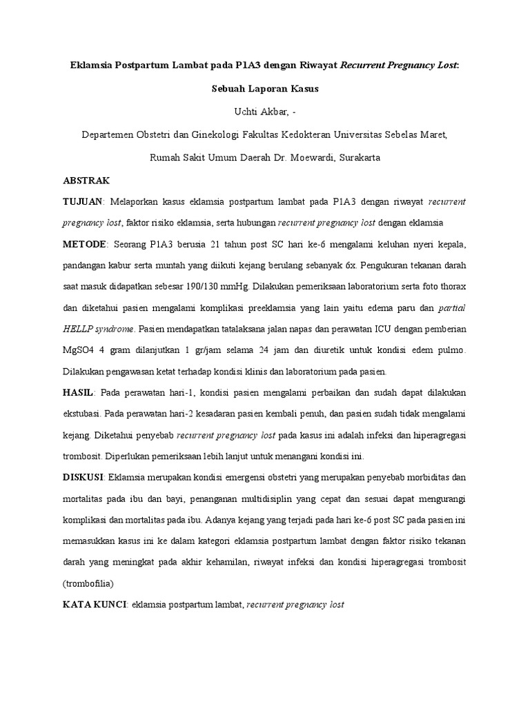 ABSTRAK Eklamsia Postpartum Lambat Pada P1A3 Dengan Riwayat Recurrent Pregnancy Lost | PDF