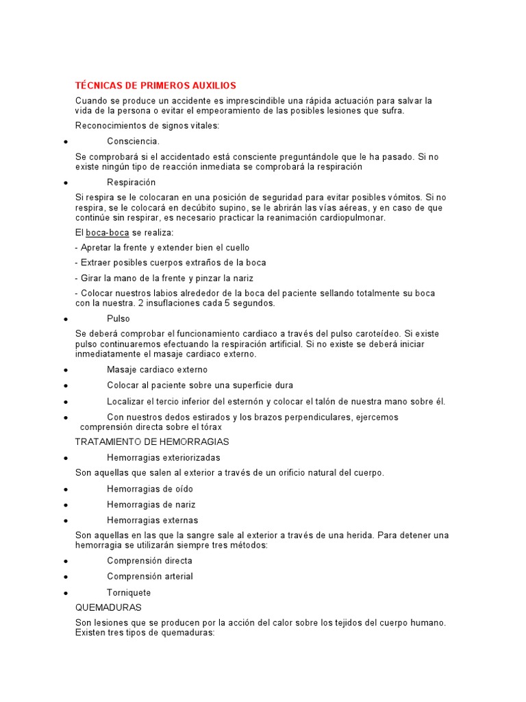 Técnicas de Primeros Auxilios | PDF | Herida | La columna vertebral