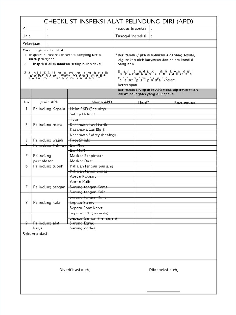 Checklist Inspeksi APD Bulanan | PDF