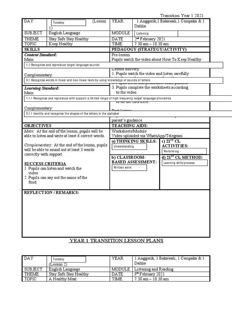 Lesson Plan RPH English Transition Week Year 1 2021 | PDF | Lesson Plan ...