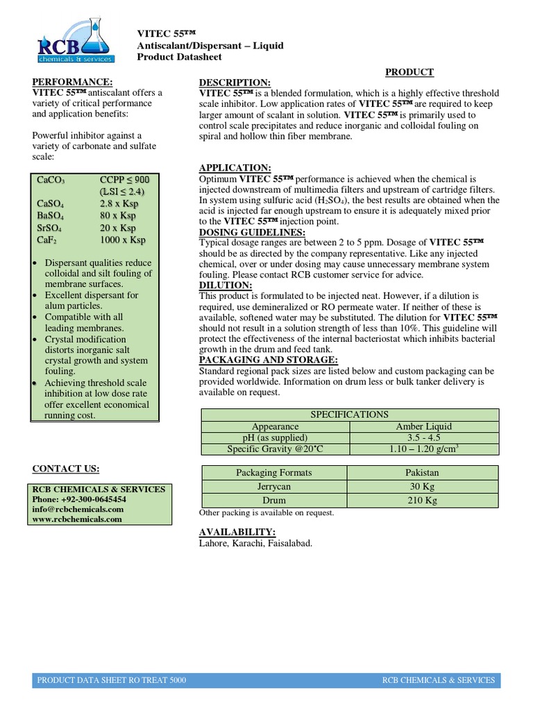 VITEC 55™ Antiscalant/Dispersant - Liquid Product Datasheet | PDF ...