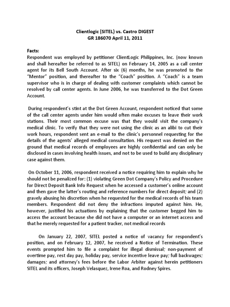 Facts:: Clientlogic (SITEL) vs. Castro DIGEST GR 186070 April 11, 2011 ...