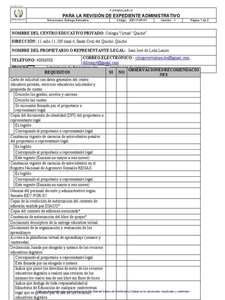 Eev For 01 Formulario Para La Revisión Expediente Administrativo