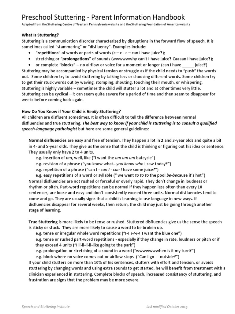 Preschool Stuttering - Parent Information Handbook: Speech-Language ...