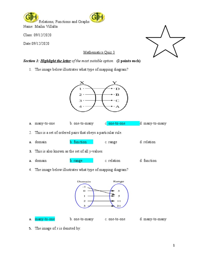 Math Quiz 2 Relation and Functions | PDF | Function (Mathematics ...