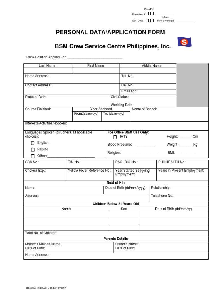 Personal Data/Application Form BSM Crew Service Centre Philippines, Inc ...