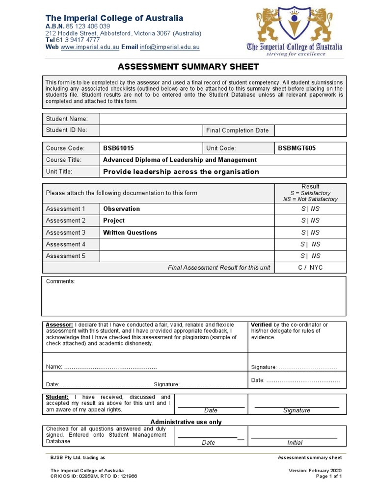 Bsbmgt605 Editable Student Assessment Tools | PDF | Competence (Human ...