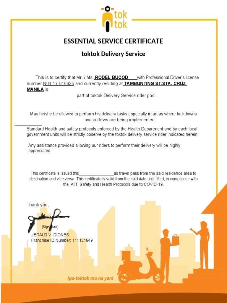 Essential Service Certificate - Format | PDF