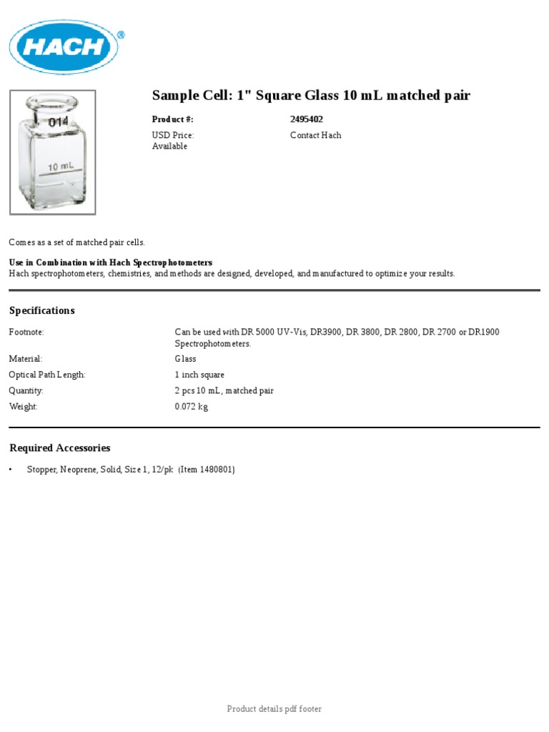 Hach 10 mL Square Glass Sample Cell | PDF