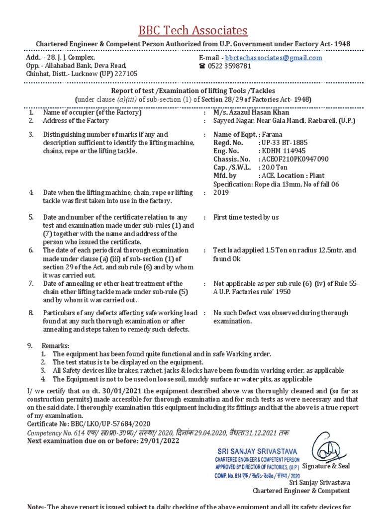 Thorough Examination Report of a Lifting Equipment with No Defects ...