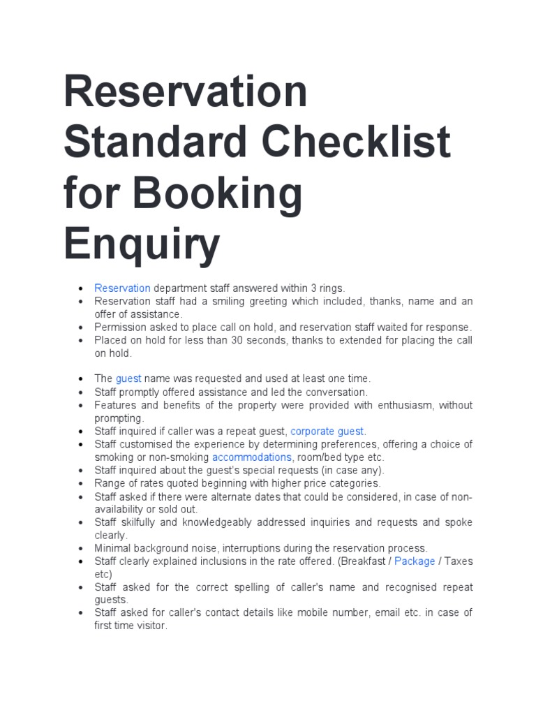 Reservation Standard Checklist For Booking Enquiry | PDF ...