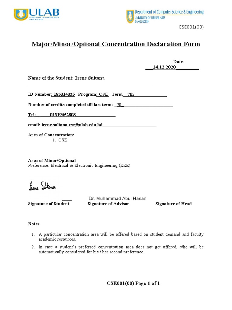 Major/Minor/Optional Concentration Declaration Form | PDF