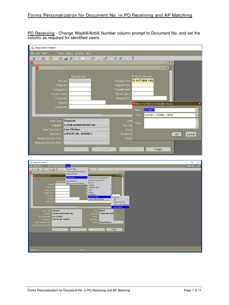 Forms Personalization For Document No. in PO Receiving and AP Matching - System Administrator ...