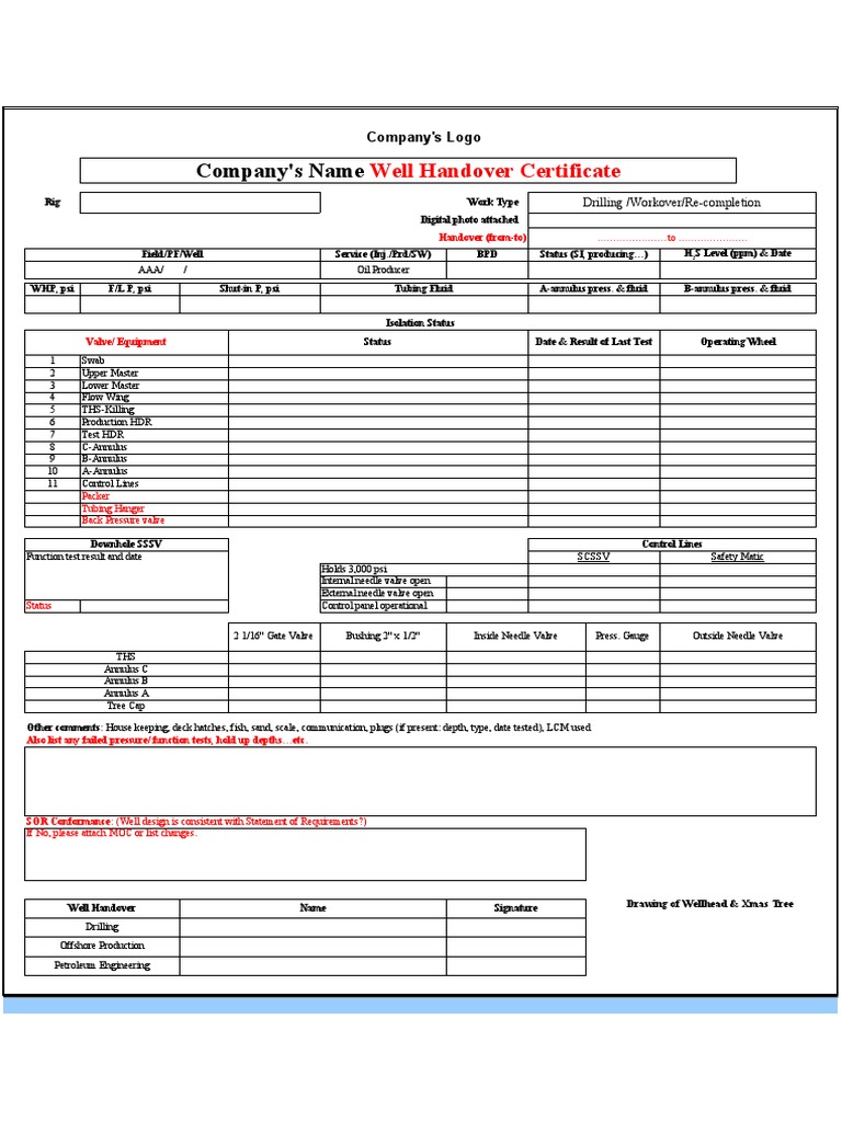 Well Handover Certificate Template | PDF | Oil Well | Mechanical ...