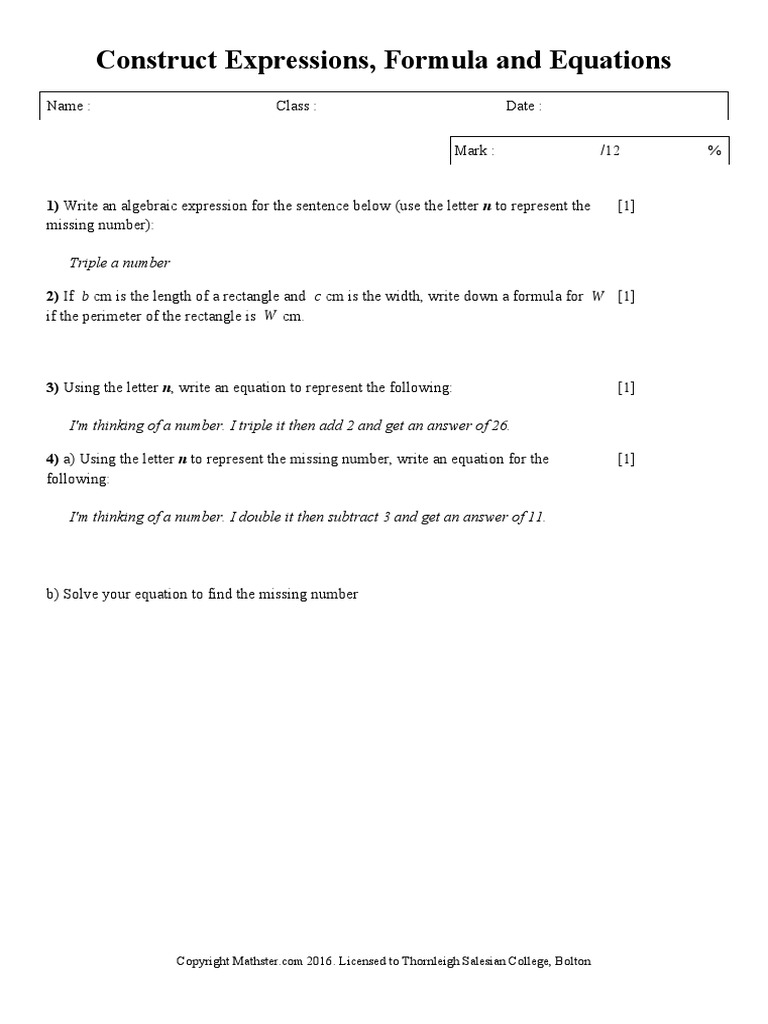 Construct Expressions, Formula and Equations - 1 2 | PDF | Equations ...