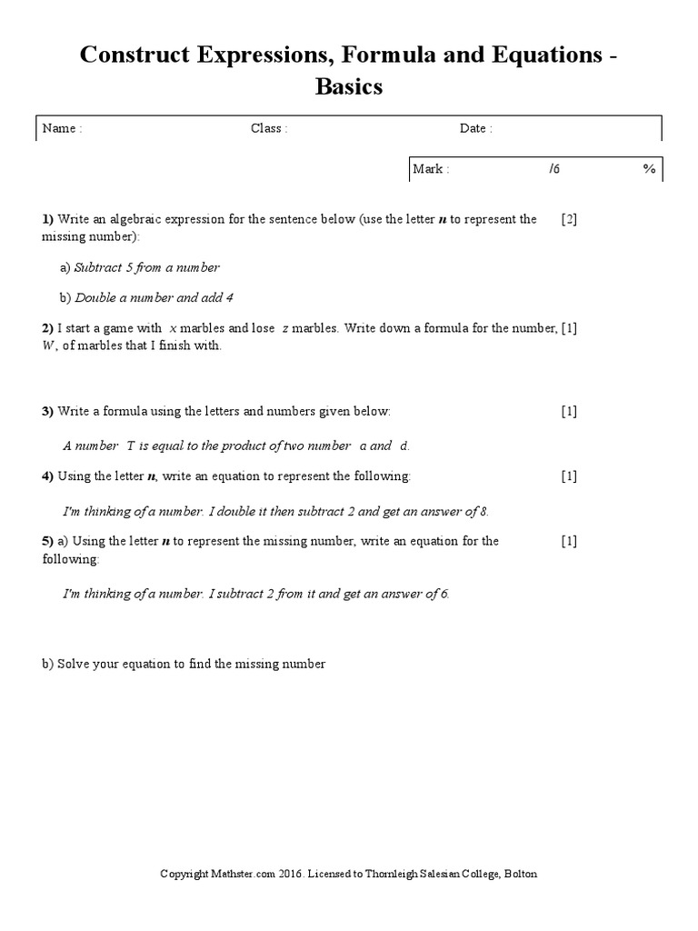 Construct Expressions, Formula and Equations - Basics - 1 2 | PDF