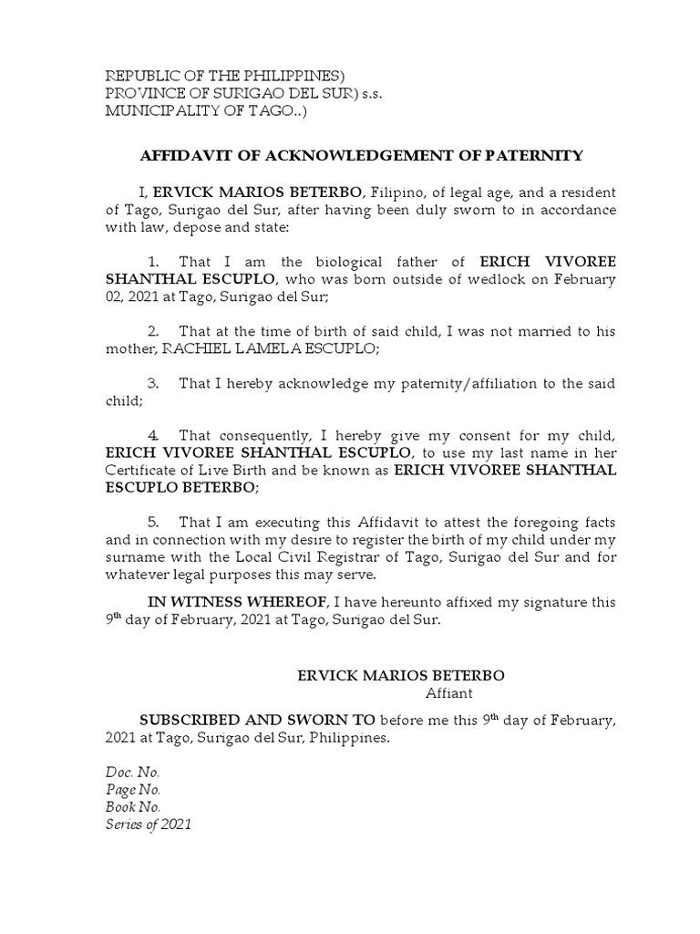 AFFIDAVIT OF ACKNOWLEDGEMENT OF PATERNITY (Beterbo) | PDF