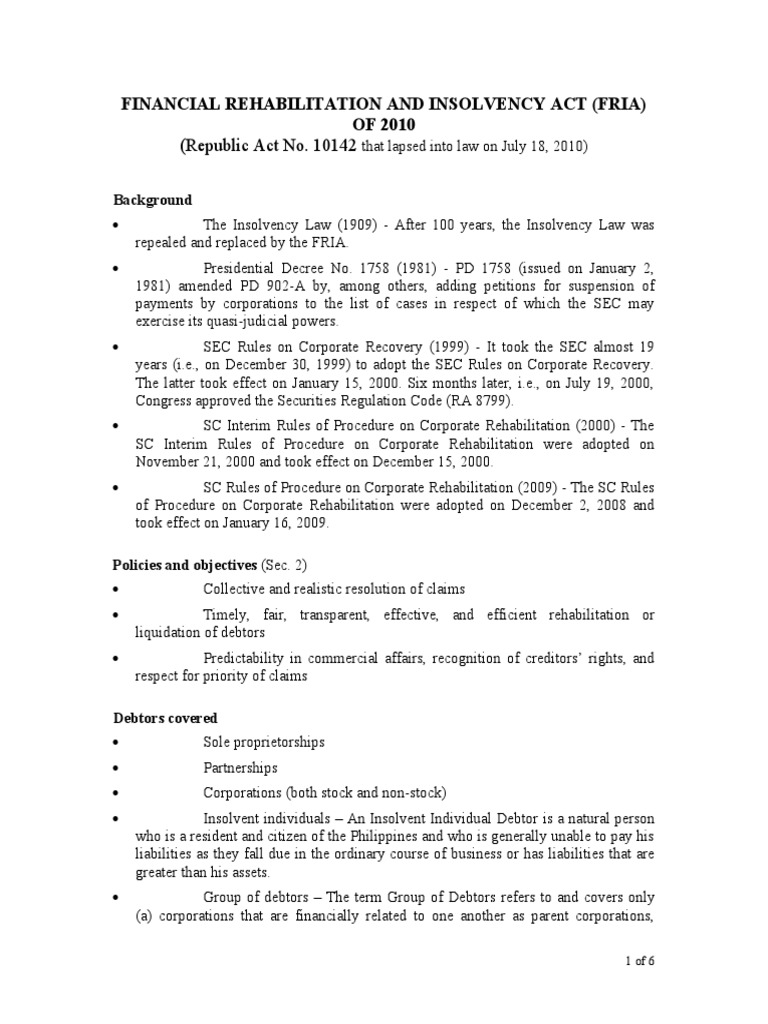 FRIA Notes As of 8-20-10 | PDF | Insolvency | Bankruptcy