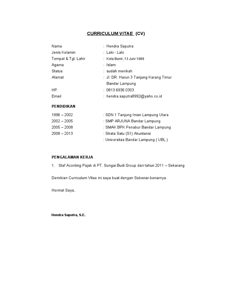 CV Hendra Saputra | PDF
