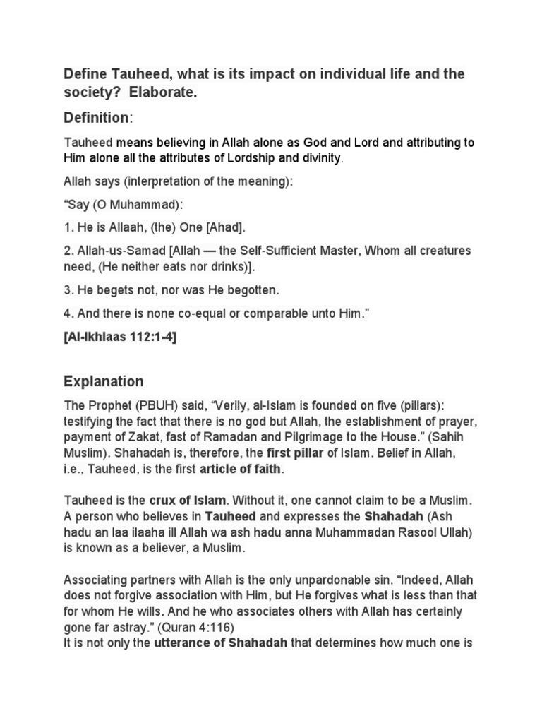 Define Tauheed, What Is Its Impact On Individual Life and The Society ...