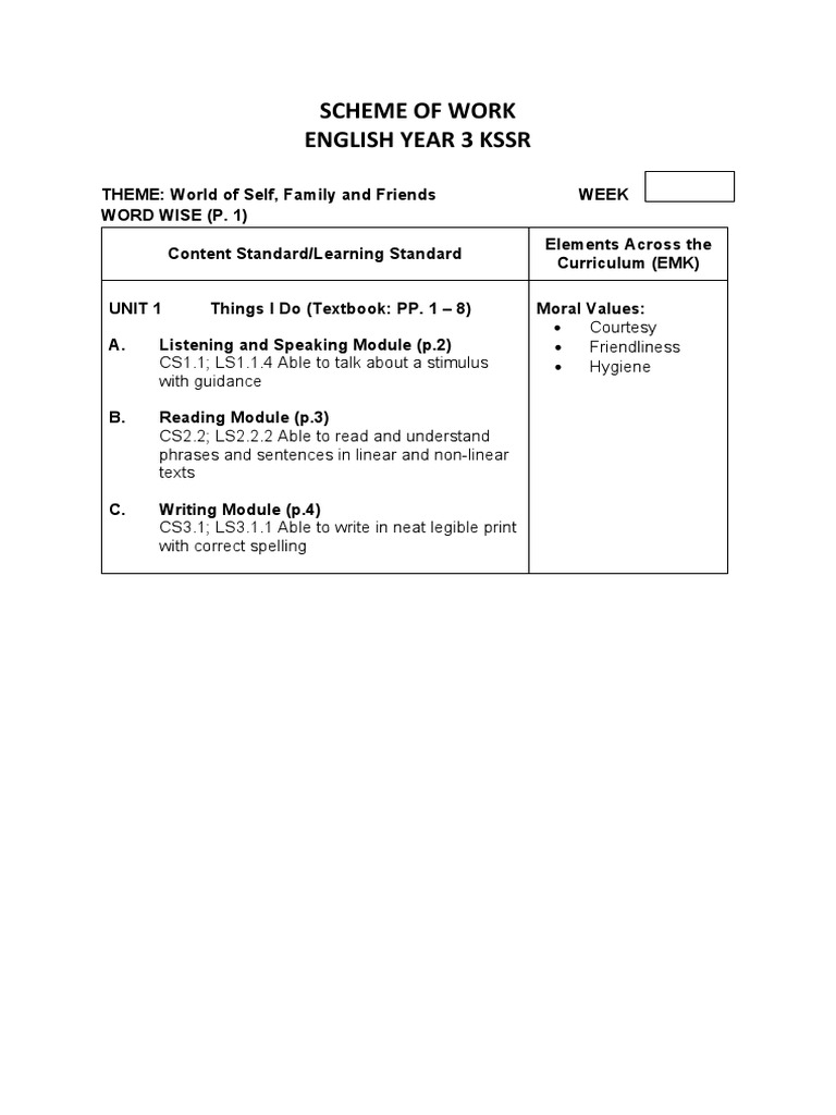 Scheme of Work English Year 3 KSSR | PDF | Curriculum | Phrase