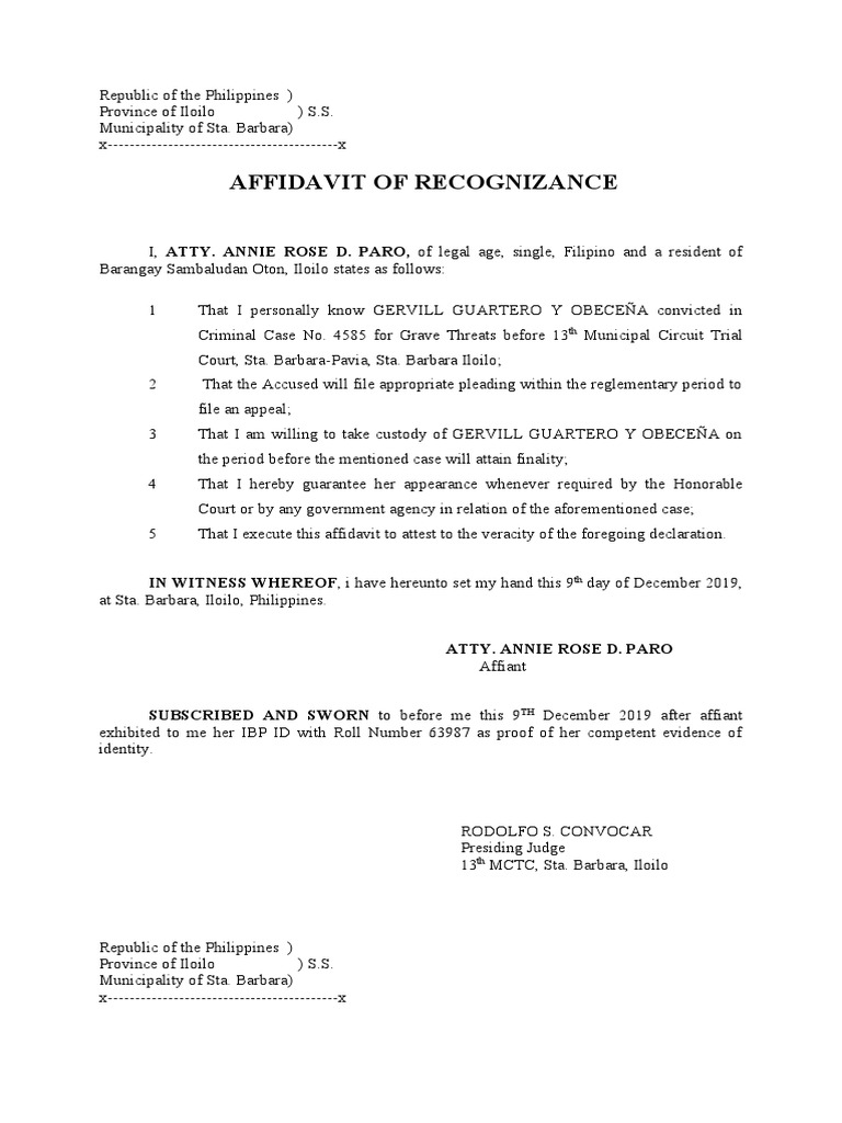 AFFIDAVIT of Recognizance | PDF | Affidavit | Separation Of Powers