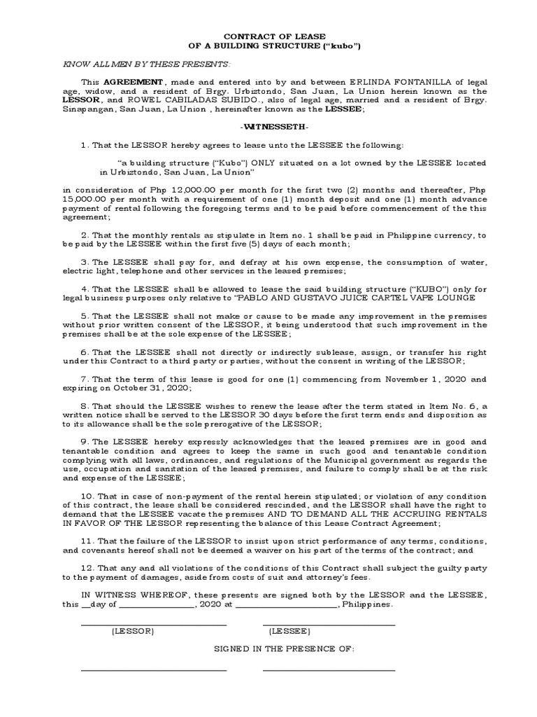 CONTRACT OF LEASE OF A LOT With BUILDING STRUCTURE | PDF | Lease ...