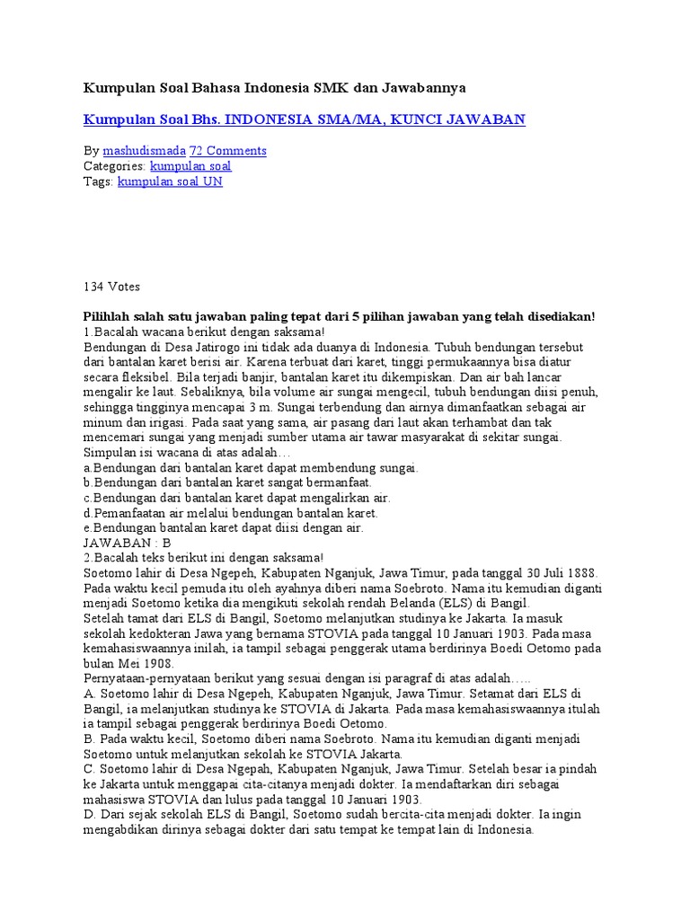 BAHASA INDONESIA Kumpulan Soal Bahasa Indonesia SMK Dan Jawabannya | PDF