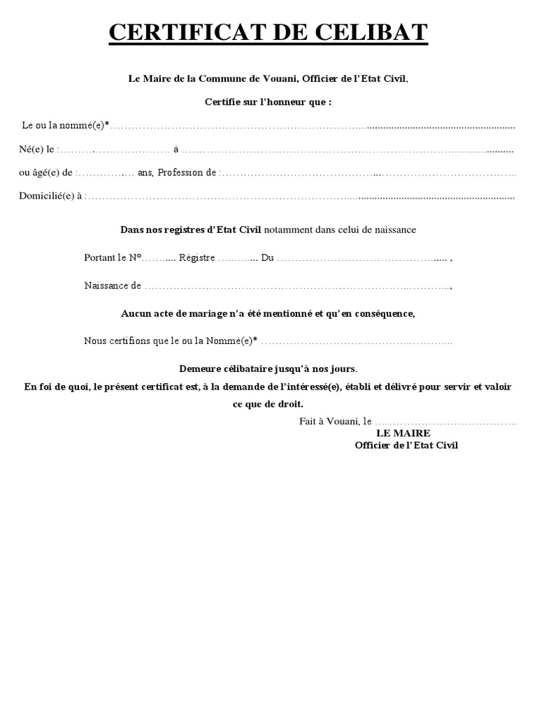 Cerificat de Celibat Et Coutume | PDF | Mariage | Institutions sociales