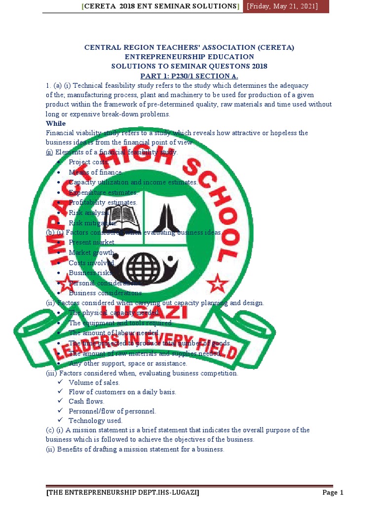 Central Region Teachers' Association (Cereta) Entrepreneurship ...