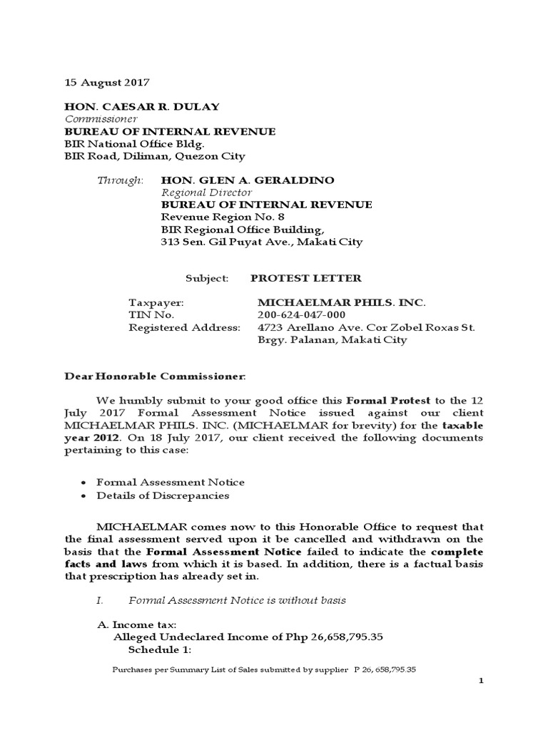 Analysis of a Protest Letter Challenging a Tax Assessment for Alleged ...