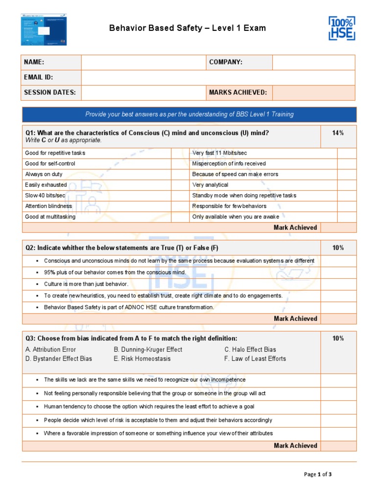 Behavior Based Safety - Level 1 Exam: Provide Your Best Answers As Per ...