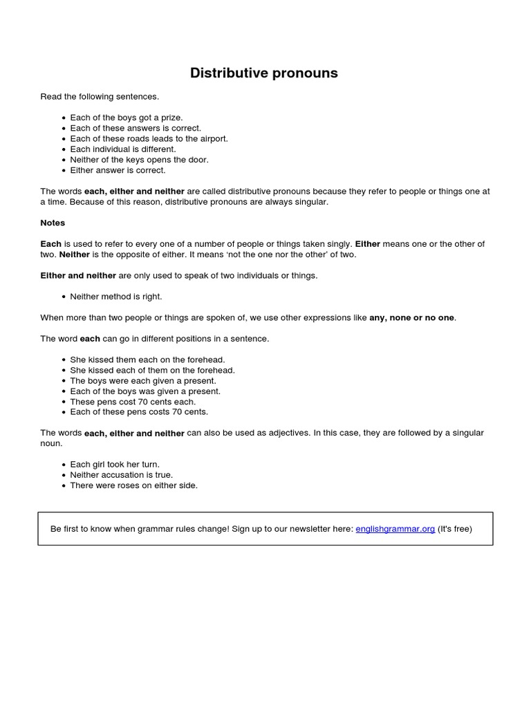 Distributive Pronouns | Download Free PDF | Grammatical Number | Pronoun