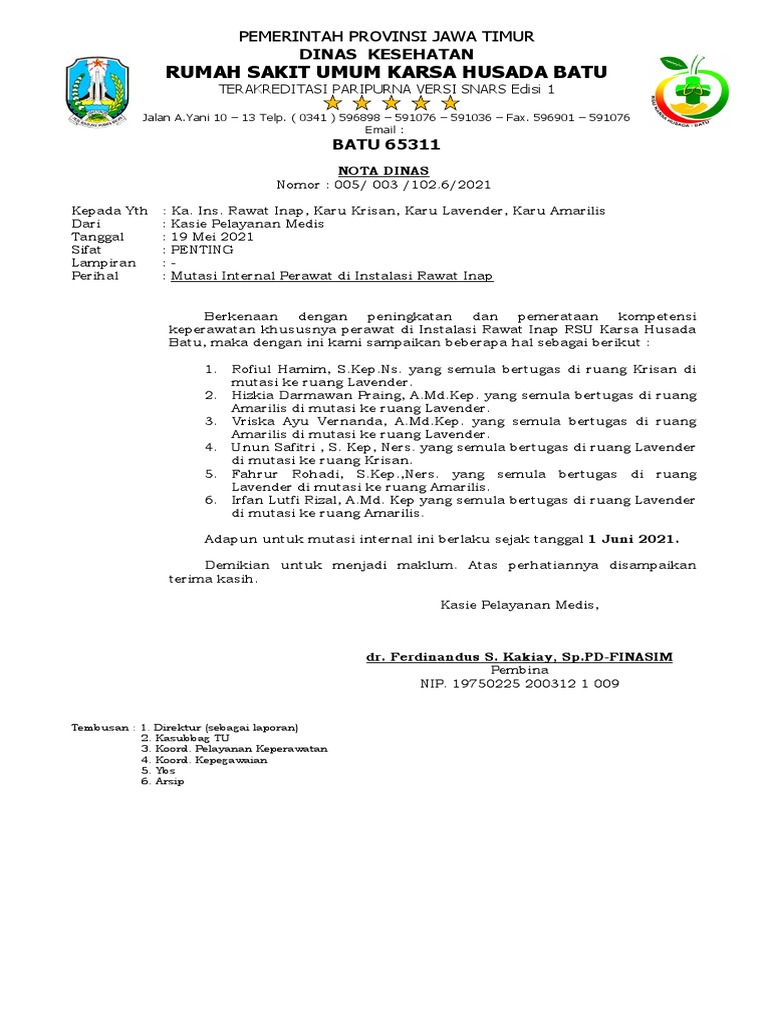 NOTA DINAS Pengaturan Staf Ranap | PDF