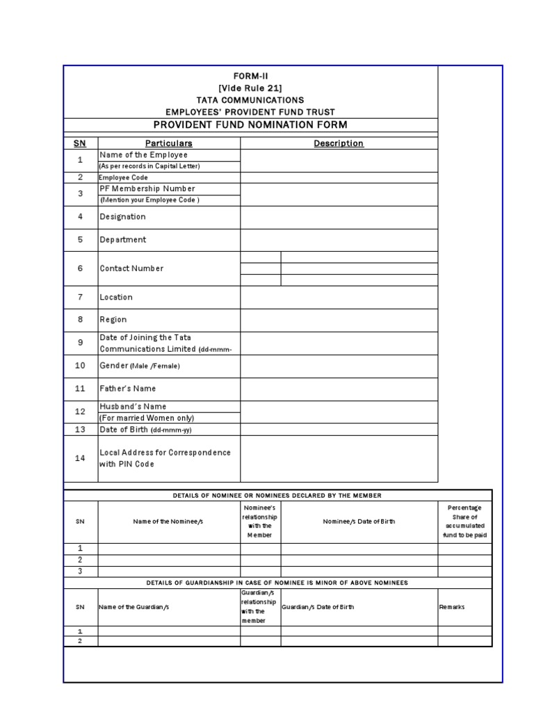 Provident Fund Nomination Form: (As Per Records in Capital Letter ...