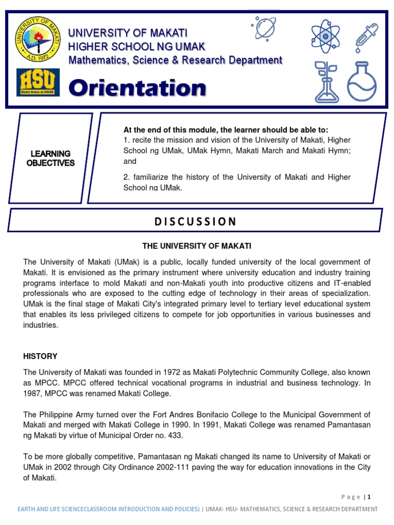 Orientation: University of Makati Higher School NG Umak Mathematics, Science & Research ...