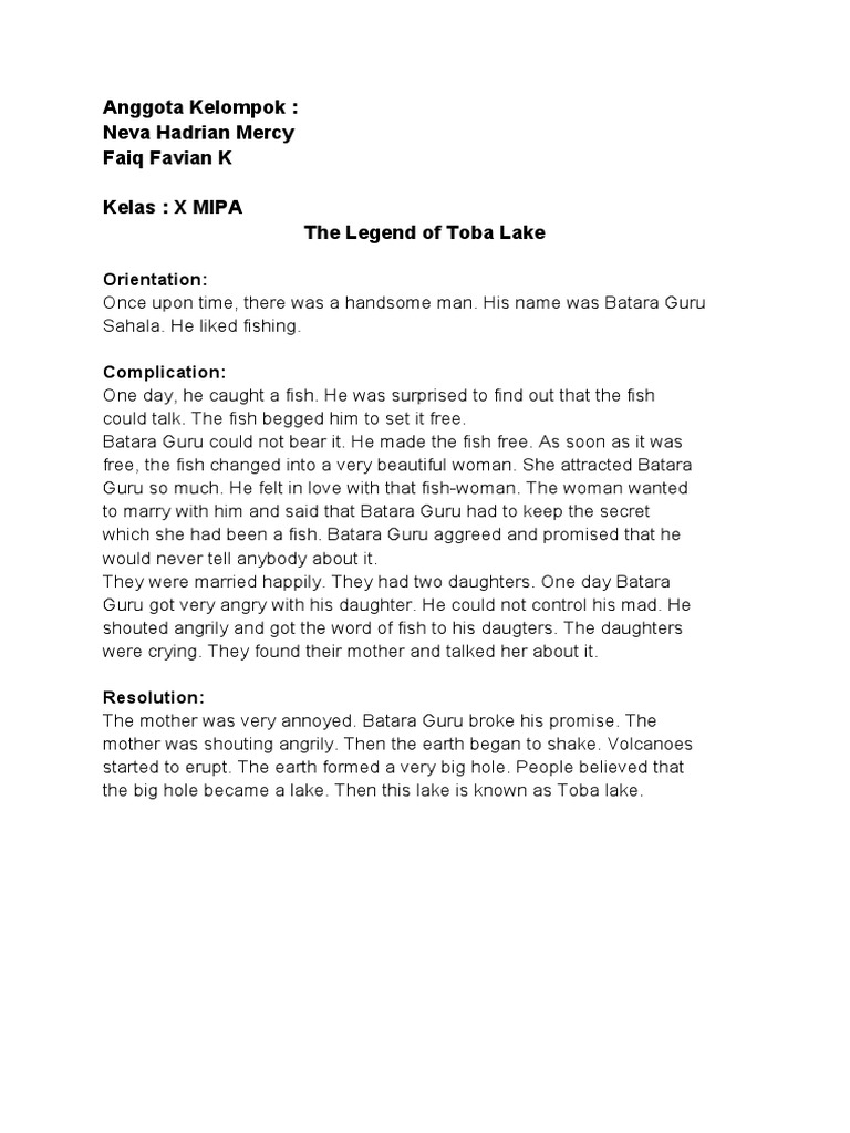 Narrative Text Legend of The Toba Lake | PDF