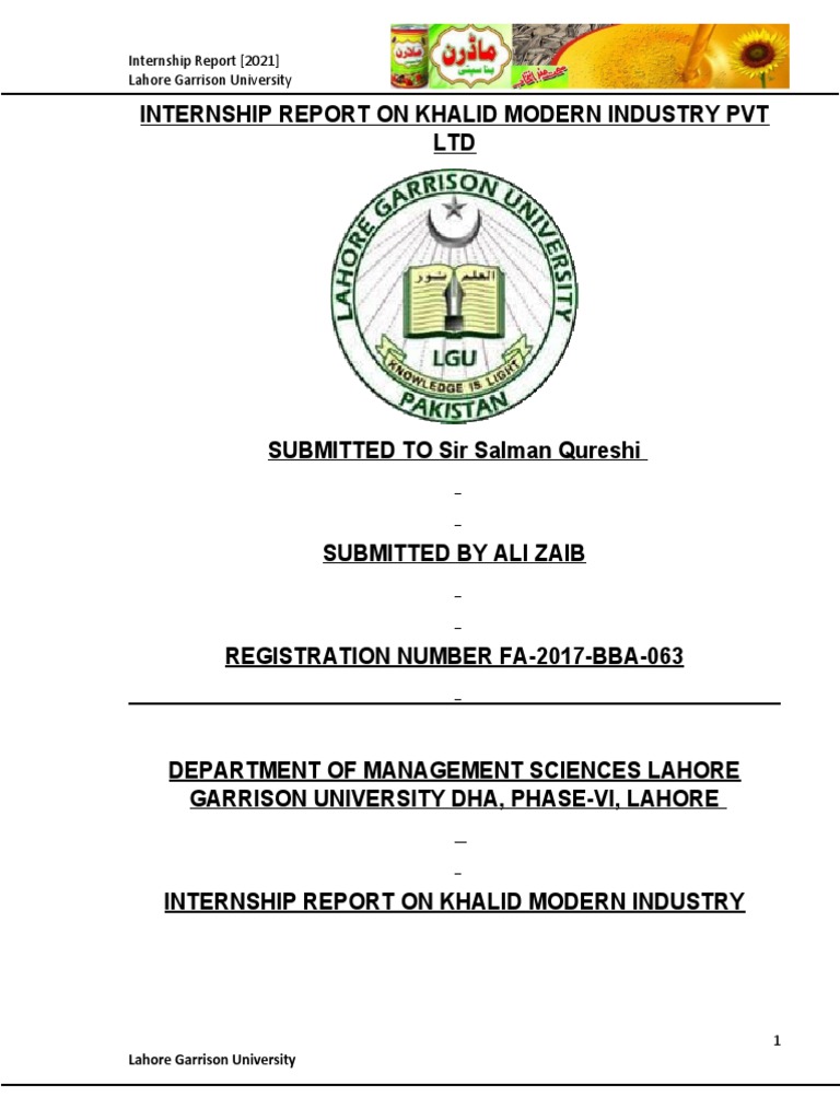 Internship Report On Khalid Modern Industry PVT LTD (Ali Zaib) | PDF | Vegetable Oil | Cooking Oil