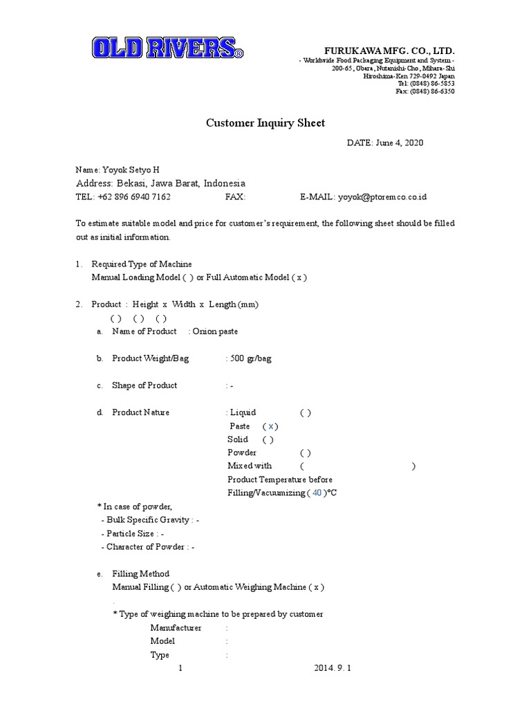 Customer Inquiry Sheet Blank | PDF | Printer (Computing) | Manufactured ...