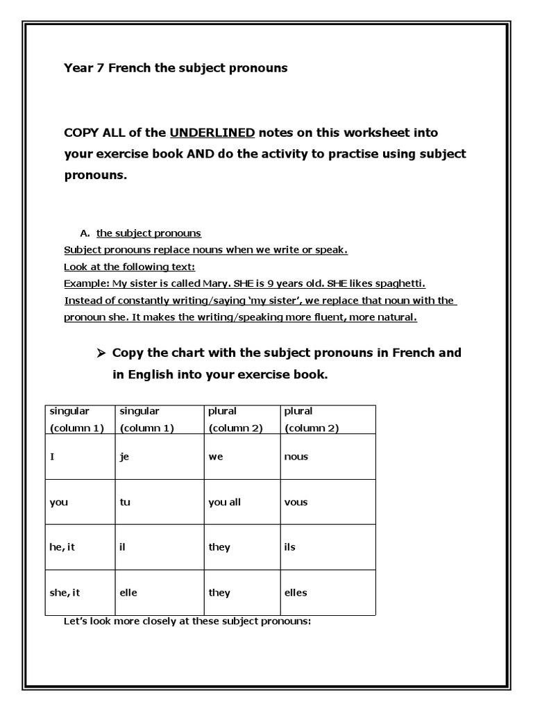 Year 7 French Subject Pronouns Guide | PDF | Grammatical Gender ...