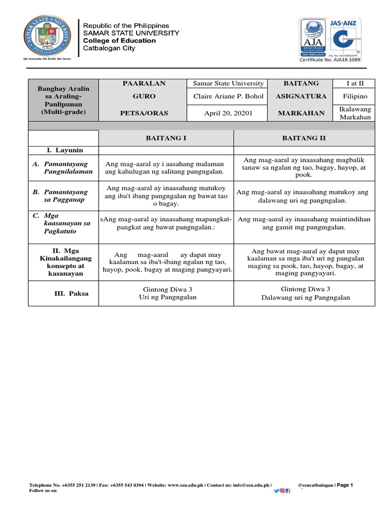 Multigrade Lesson Plan-BOHOL | PDF