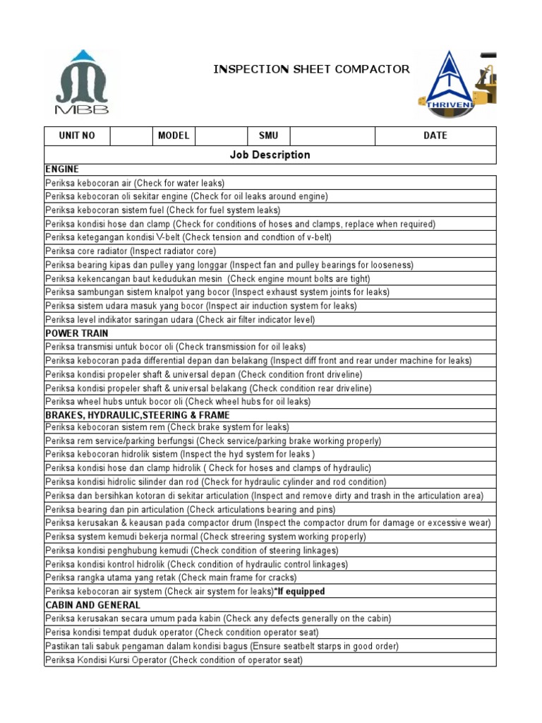 Inspection Sheet Compactor: Unit No Model SMU Date | PDF | Belt ...