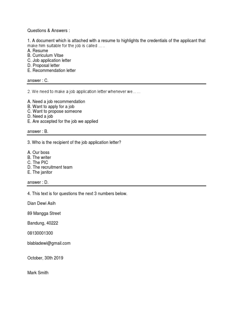 (Questions & Answers) Lesson of Job Application Letter | PDF | Human ...