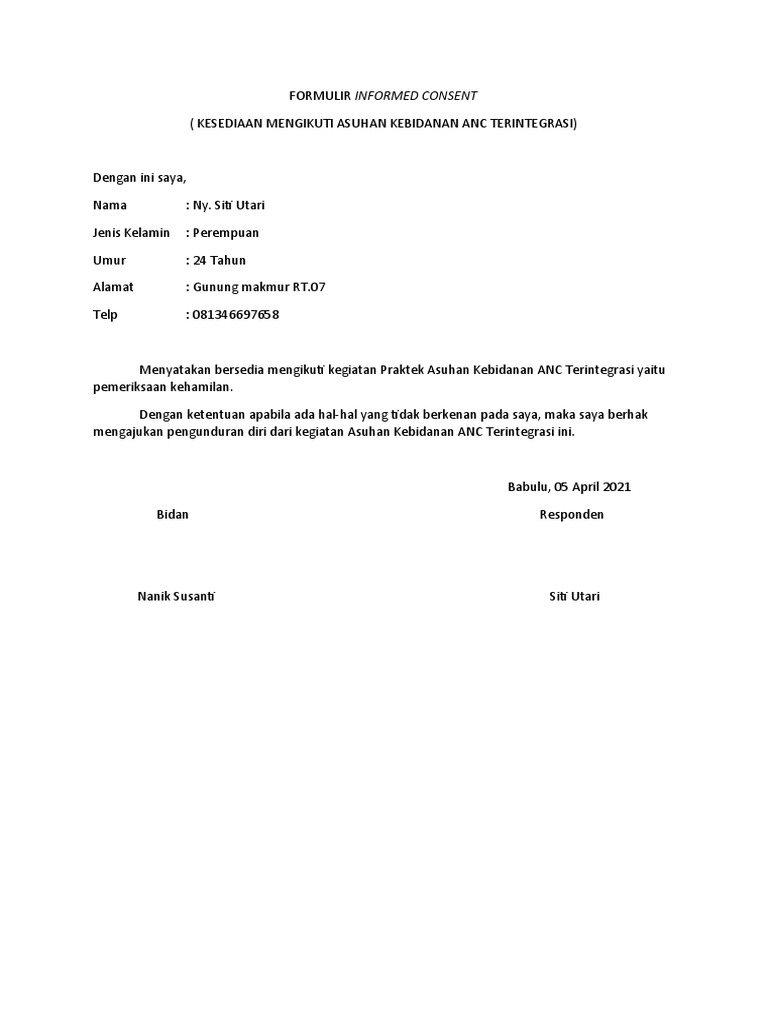 Contoh Formulir Informed Consent Kebidanan | PDF