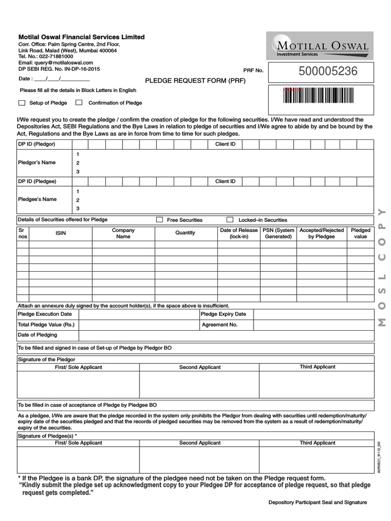 MOSL Pledge Request Form | PDF | Securities (Finance) | Financial Markets