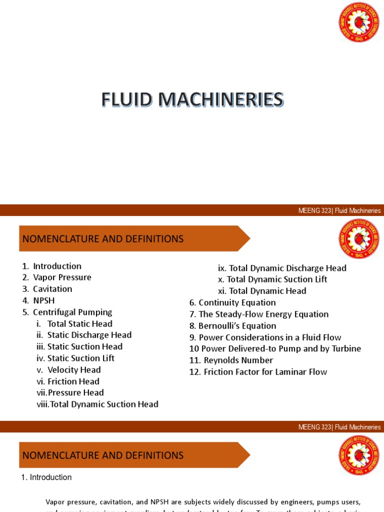 Nomenclature and Definitions - MEENG323 | PDF | Pump | Fluid Dynamics