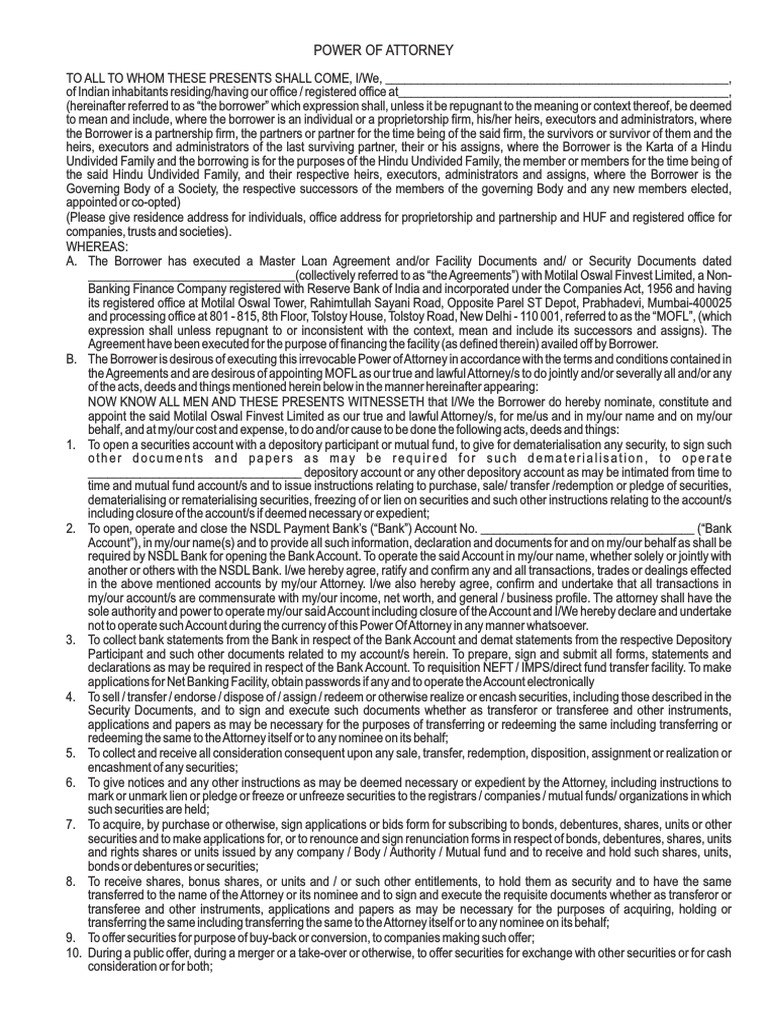 POA & Consent Letter For NSDL Bank | PDF