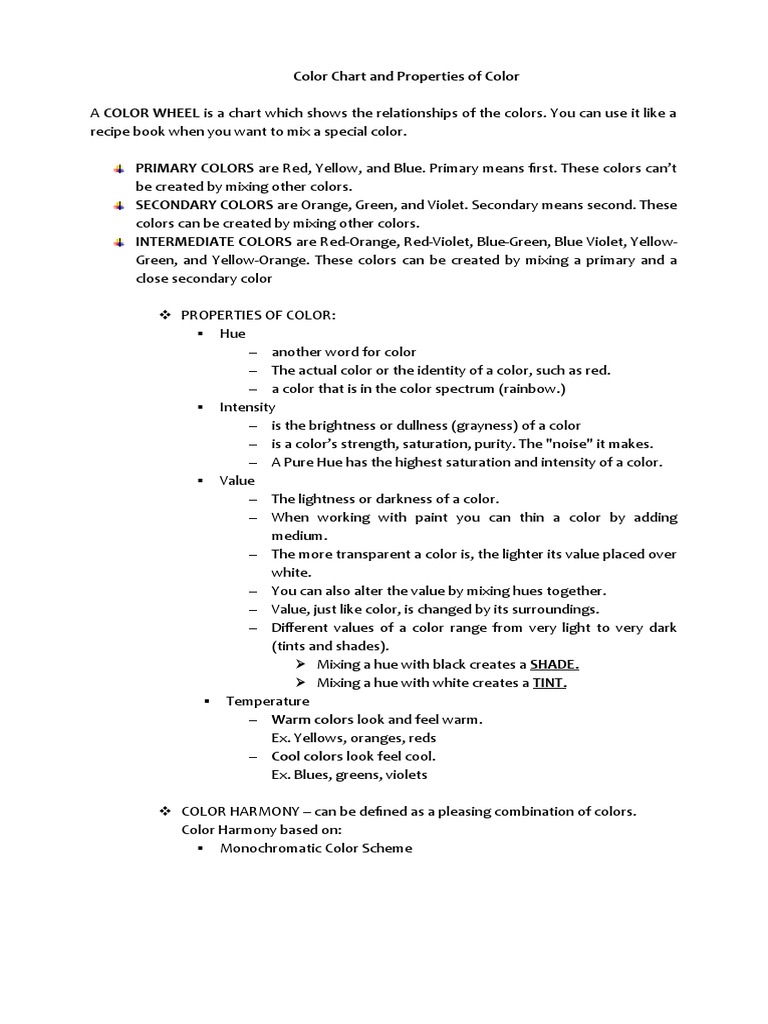 Color Chart and Properties of Color | Download Free PDF | Color | Hue